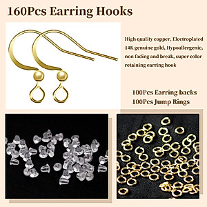 160 PCS/80 Pairs 14K Gold Tone Plated Earring Hooks Hypoallergenic Ear Wires Fish Hooks with 100 PCS Clear Silicone Earring Backs and 100 PCS Jump Rings Gold Earring Findings for DIY Jewelry Making