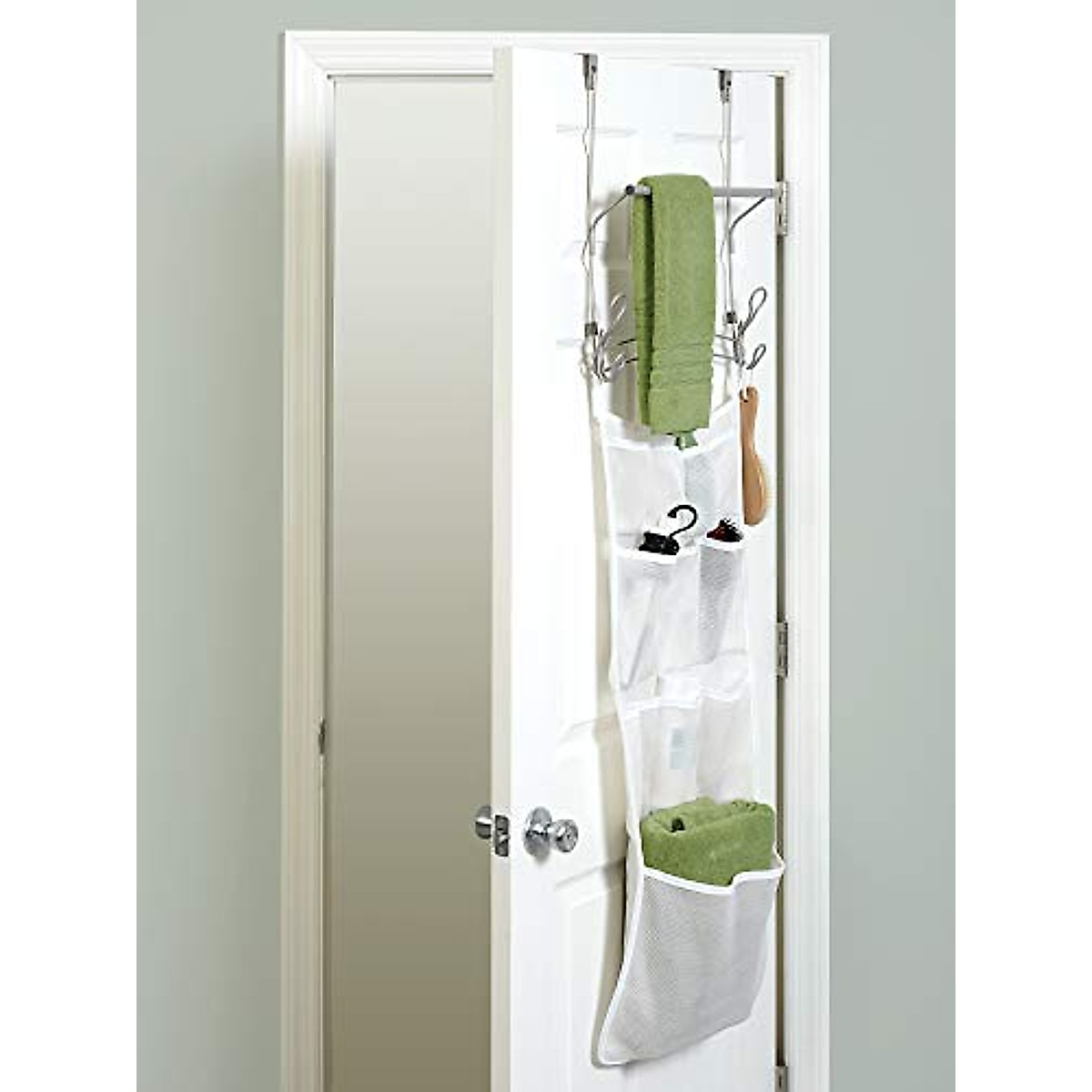 Zenna Home Bar, Satin Nickel SnugFit Over-The-Door-Towel Rack with Mesh Pocket-Storage