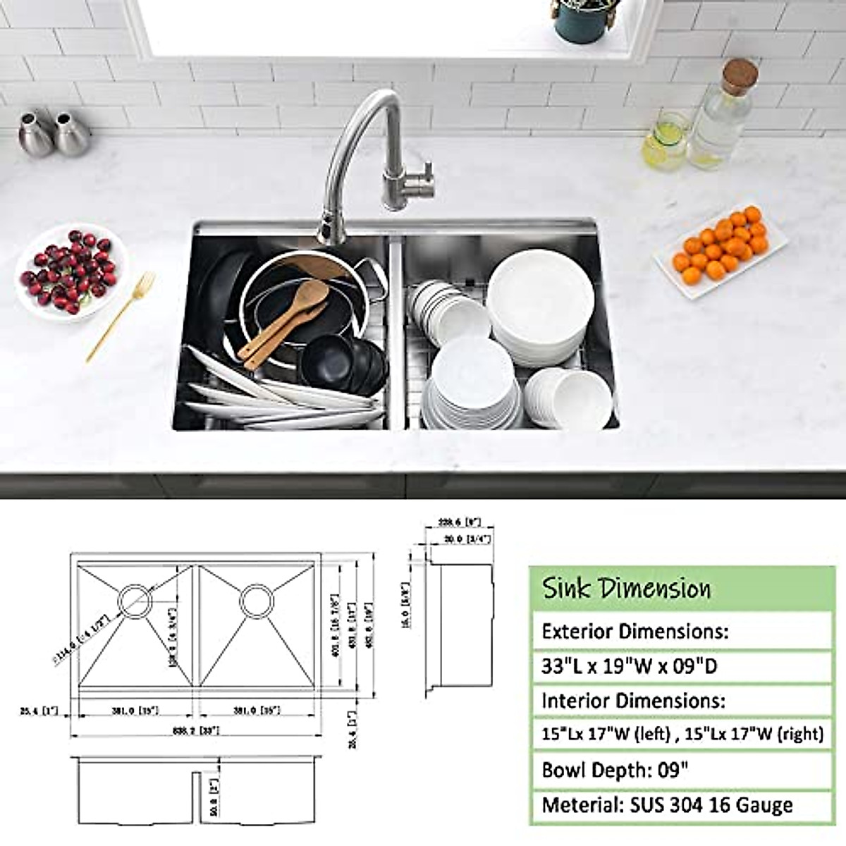33 Inch Undermount Double Bowl Kitchen Sink Workstation- Wesliv 33x19 Stainless Steel Undermount Kitchen Sink 50/50 Low Divide Double Bowl Kitchen Sink 16 Gauge Deep Ledge Workstation Sink