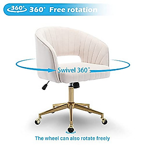 Home Office Chair Swivel Velvet Desk Chair Accent Armchair Upholstered Modern Tufted Chairs with Gold Base for Girls Women Ergonomic Study Seat Computer Task Stools for Living Room(Cream)
