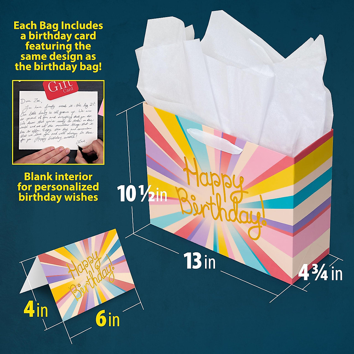 Large 13" Colorful Birthday Gift Bag Set - Gold Foil, Bag with Handles, Matching Tissue Paper & Cards. Reusable Ideal for Boys or Girls' Party & Special Occasion