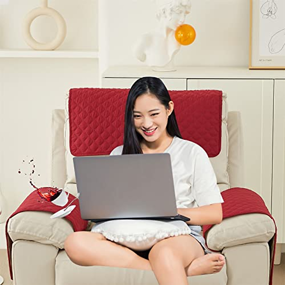 EXTLEZSA Water Proof Sofa Armrest Cover, 1/2/3 Seater Sofa Headrest Slipcovers with Pocket Nonslip Armchair Cover Quilted Furniture Protector for Recliner Leather Sofa Couch (Red,2 Seat 4 pc)