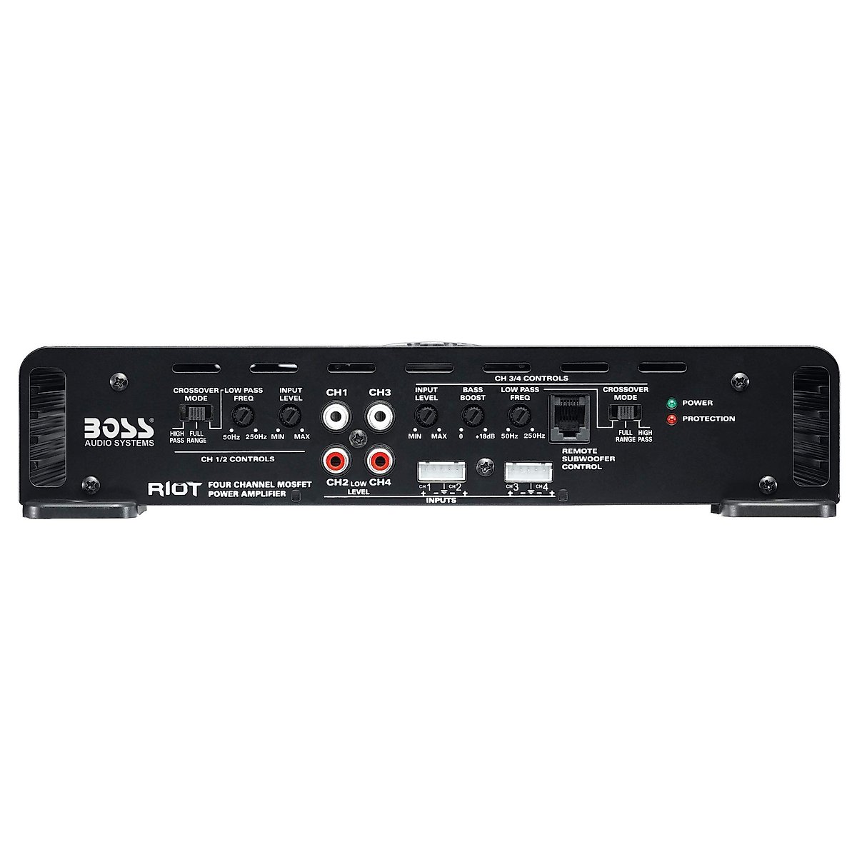 BOSS Audio Systems R2504 Riot Series Car Audio Stereo Subwoofer Amplifier - 1000 High Output, 4 Channel, Class A/B, 2/4 Ohm, High/Low Level Inputs, High/Low Pass Crossover, Bridgeable, Full Range