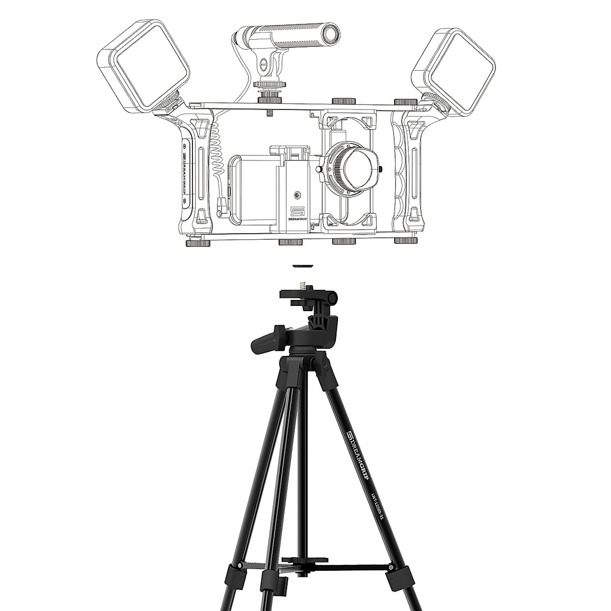 Super Lightweight Video Tripod DREAMGRIP 136EX-41 Universal Set with Original Track Connector for Mounting Rigs, Compatible for Any Smartphone (iPhone, Samsung, Pixel), and Any Action Camera or DSLR