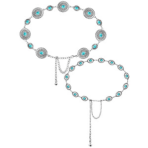 Epakh Turquoise Chain Belt Western Concho Belts for Women Silver Oval Belt Adjustable Metal Waist Belts for Dresses, One Size(Classic Style, 2 Pieces)