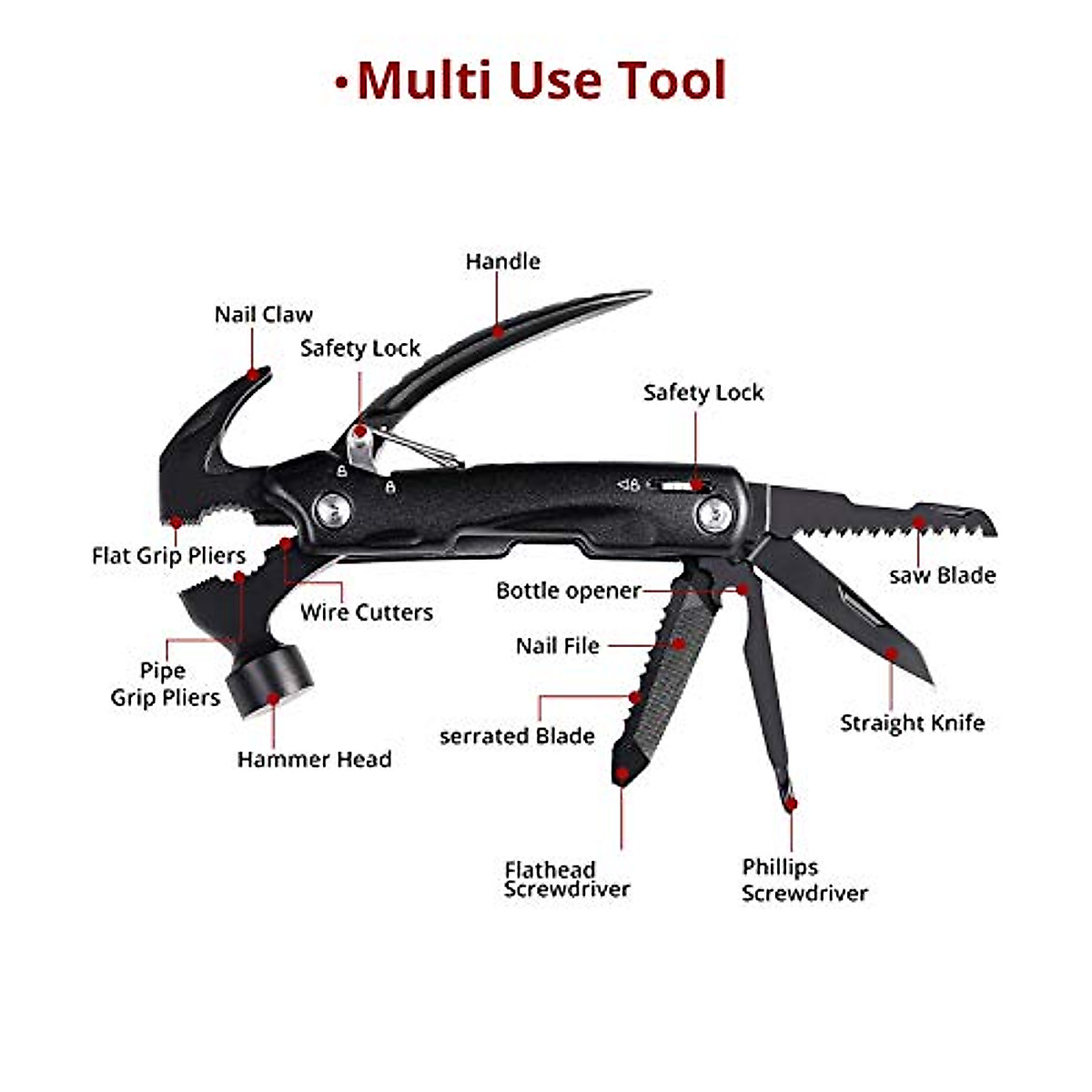 Multitool Hammer 12 in 1 Survival Multi Tool Camping Accessories, Stocking Stuffers for Men, Dad, Husband, Boyfriend, Cool Gadgets Christmas Gifts for Handyman, Carpenter, Craftsman