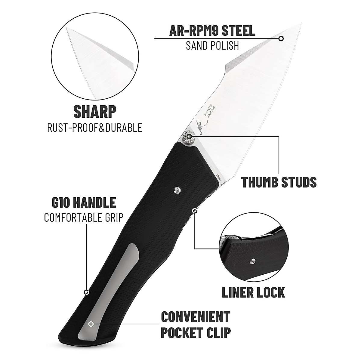 ARTISANCUTLERY Folding Knife Ahab Series (J1851) AR-RPM9 Balde and G10 Handle EDC Pocket Knife with Clip Black