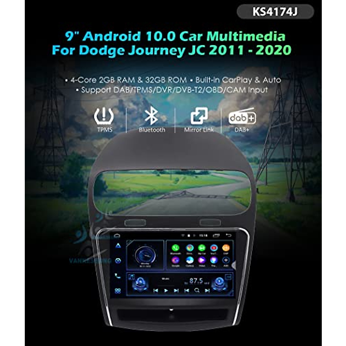 9" Android 10 Car Stereo GPS Carplay Head Unit Bluetooth Multimedia Player for Dodge Journey 2011-2020 Android Auto Audio Video Player Touch Screen Car Radio, Mirror Link GPS Navigation DSP USB