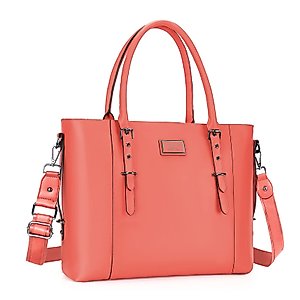 MOSISO PU Leather Laptop Tote Bag for Women (17-17.3 inch), Waterproof Large Capacity Business Work Briefcase Shoulder Laptop Bag, Living Coral