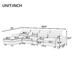 130" L-Shaped Convertible Modular Sectional Sofa with Reversible Chaise, Feather Filled, 5-Seat, 4 Pillows