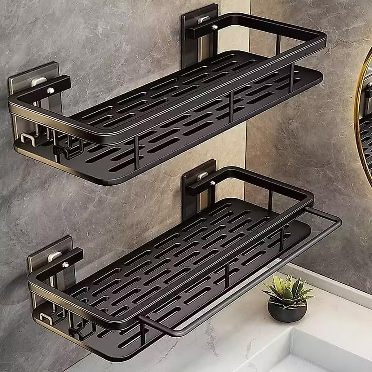 EVALAND Aluminum Shower Caddy, Adhesive Shower Shelves, 2-Pack With Hooks and Rod for Towels, No Drill Wall Mount Rustproof Premium Organizer for Bathroom, Kitchen, Black
