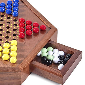 AMEROUS 12.5 inches Wooden Chinese Checkers Set with Storage Drawer - 60 Acrylic Marbles in 6 Colors - 12 Bonus Spare Marbles, Classic Strategy Family Board Game for Kids and Adults