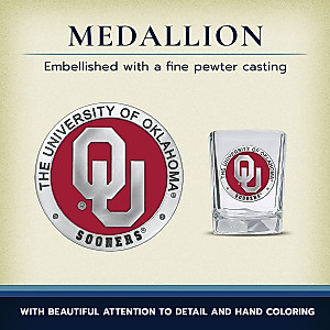 Heritage Pewter University of Oklahoma Square Shot Glass | Hand-Sculpted 1.5 Ounce Shot Glass | Intricately Crafted Metal Pewter Alma Mater Inlay