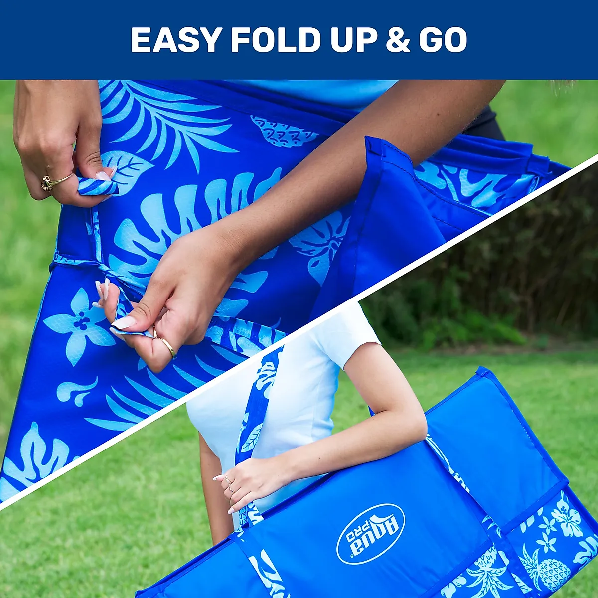 Aqua 3-in-1 Fold and Go Pool Float, Mat and Lounge, Padded Mat for Land or Water with Carry Strap, Blue Pineapple Hibiscus