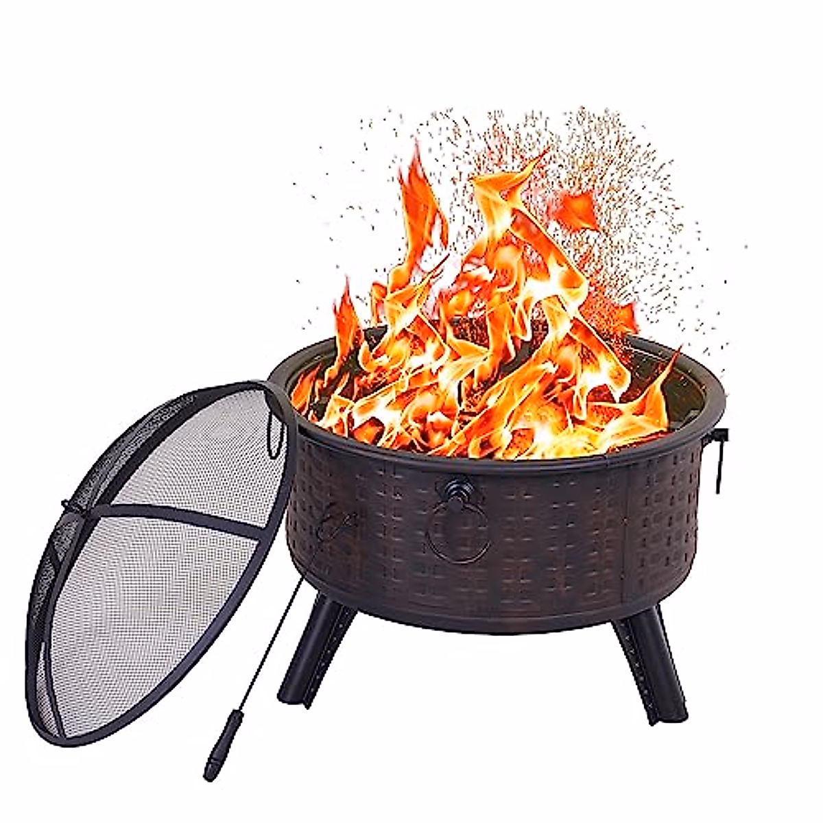 Wonder Comfort Fire Pit Set, Wood Burning FirePit with Screen, Cover and Log Poker for Outdoor and Patio, 26 inch Round Fire-Pit