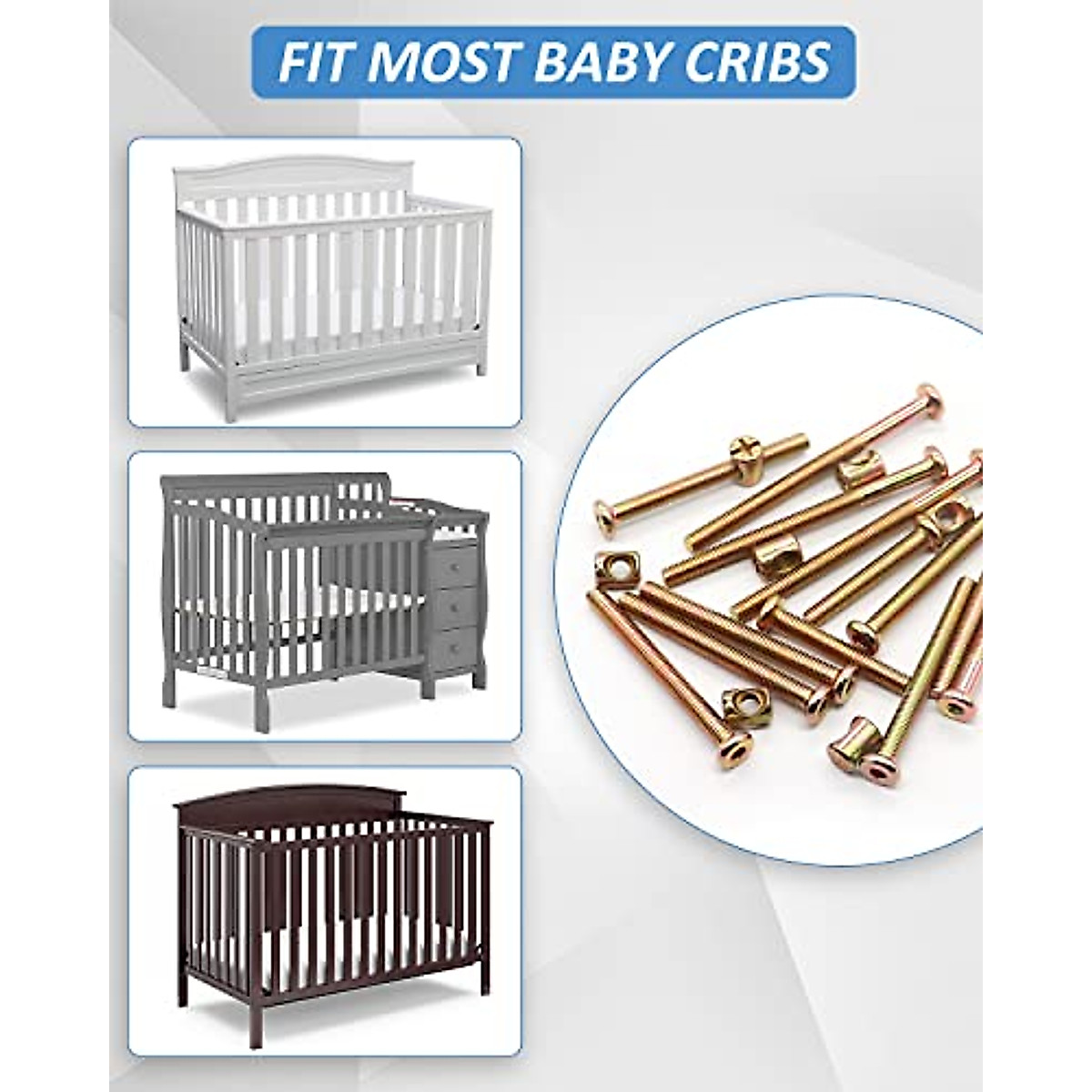 ALLWIN Crib Screws Hardware Replacement Kit - 24 Set Baby Bed Frame Bolts &Barrel Nuts Set for Delta/Graco/Dream On Me, M6x40mm/ 50mm/ 60mm/ 70mm/ 80mm Hex Drive Socket Cap Screws Barrel Nuts