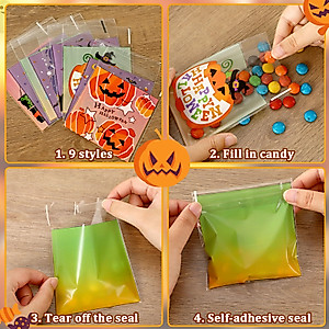 FEBSNOW 450pcs Halloween Candy Bags, 9 Styles Self Adhesive Trick Candy Bag Cellophane Cookie Bags for Halloween Trick or Treat Goodie Ziplock Bags Party Favor
