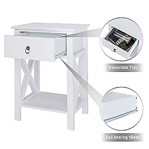 Bonnlo White Nightstand with Drawer and Shelf, Farmhouse Night Stands for Bedrooms Set of 2, End Table Bed Side Table/Night Stand with Rustic Handle for Small Spaces, Dorm, Kids’ Room, Living Room