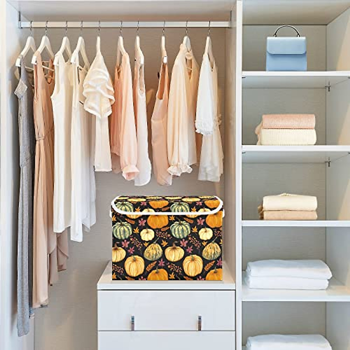 CaTaKu Pumpkins Fall Leaves Storage Bins with Lids and Handles, Fabric Large Storage Container Cube Basket with Lid Decorative Storage Boxes for Organizing Clothes