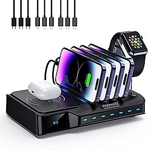 Charging Station Organizer for Multiple Devices，Welnotti 7-Ports USB Fast Charger Ports Wireless Charge Compatible with Cell Phone,iPad,iWatch,Tablets,for Home (Black)