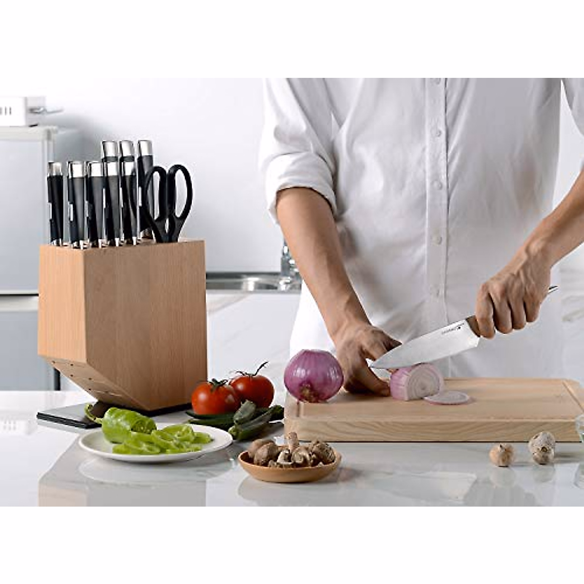 Linoroso Knife Set, 13-Piece Kitchen Knife Set with Block Sharp Chef Knife Set, German High Carbon Stainless Steel Knife Block Set with Beech Block with Black Oxide Stainless Steel Base
