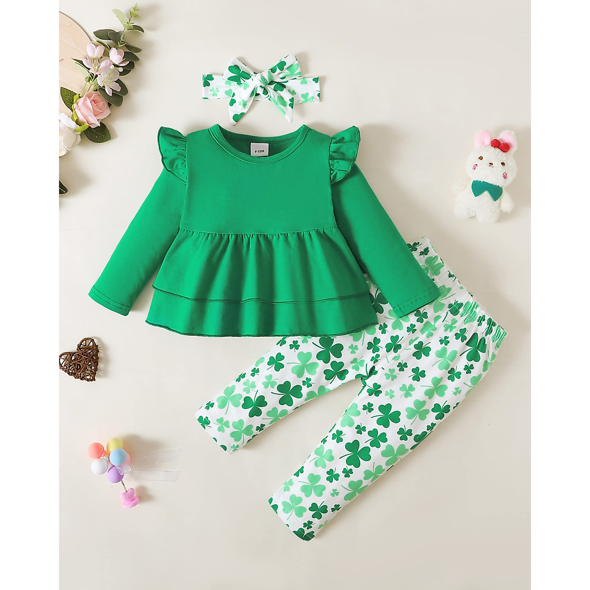St. Patrick's Day Outfits Baby Girl Clothes 12 18 Months Long Sleeve Ruffle Top 18 months girl clothes Shamrock Print Pants Headband Winter Fall Clothing Sets Green