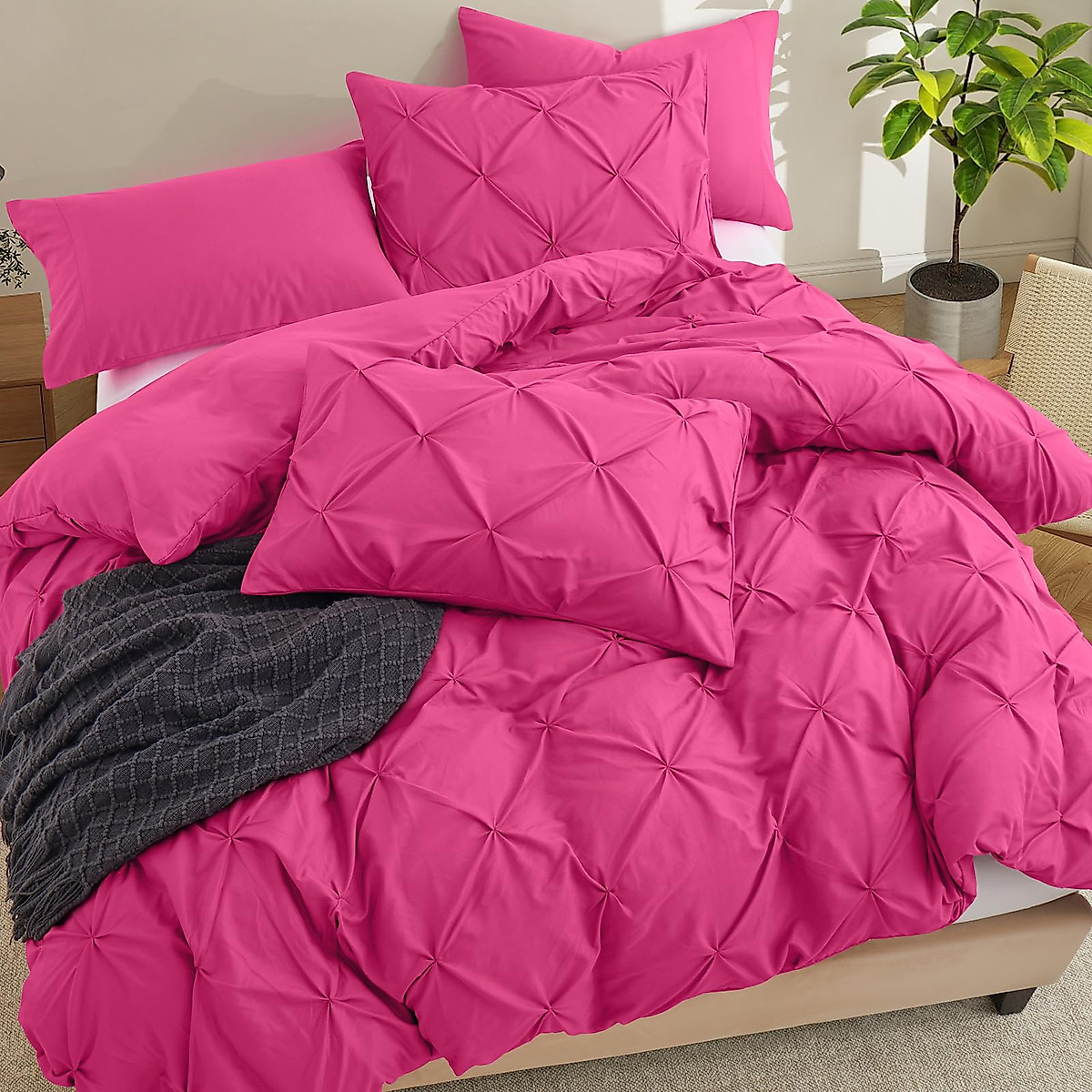VACVELT 5 Piece Pinch Pleated Duvet Cover Full/Queen Size Set, Hot Pink Pintuck Duvet Cover with Zipper & 8 Ties, Shabby Chic Microfiber Duvet Cover + 2 Pillow Shams + 2 Pillowcases, No Comforter
