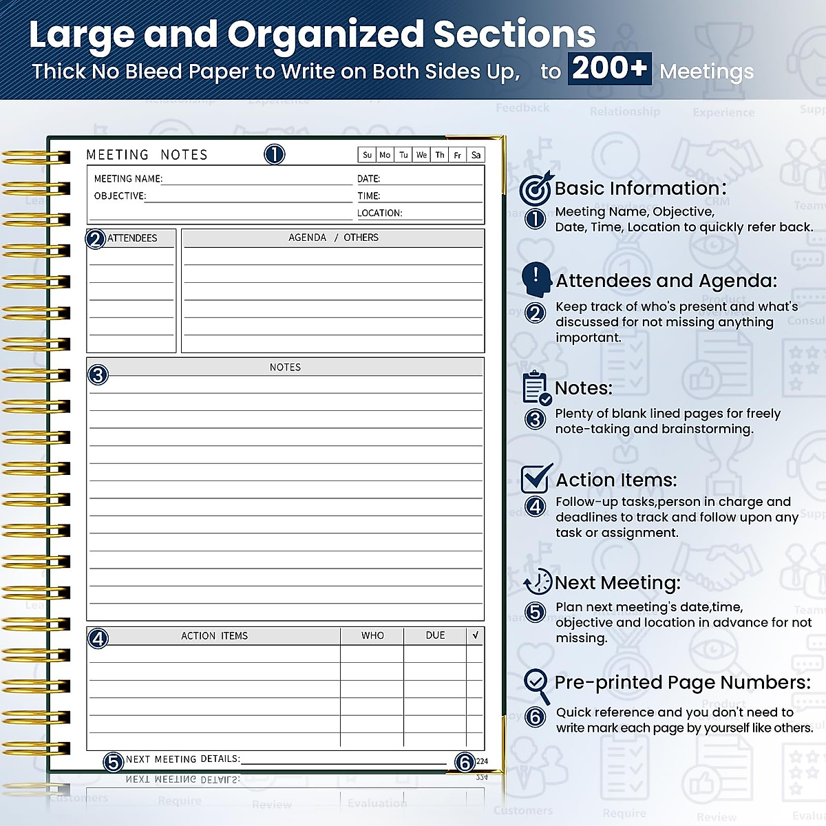 Meeting Notebook, 240 Page Hardcover Leather Notebooks for Work, Professional B5 Notebook with Action Items, 24 PCS Sticky Tabs for Organizer Notebook, Project Planner Notebook for Women Men, Black