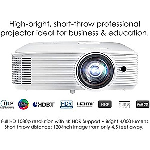 Optoma EH412STx Short Throw 1080p HDR Professional Projector | Super Bright 4,000 Lumens | Business Presentations, Classrooms, and Meeting Rooms | 15,000 Hour Lamp Life | Speaker Built in | Portable