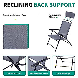 Nice C 3 Piece Patio Dining Set, Garden Outdoor Furniture Table Set with Tilted Removable Umbrella, Glass Table, and 2 Folding Chairs (Grey)