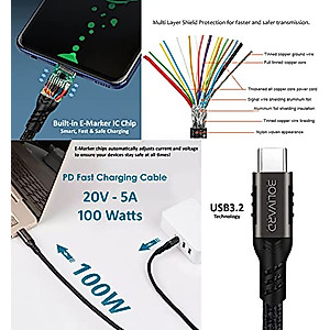 Bolivard USB C to USB C (3.2 Gen) (0.7ft) (100W, 20V, 5A) PD Fast Charging, (20Gbps) Data Transfer, (4K) Video Output, for Charging iPhone 15 Models & Devices with USB-C Input, Black