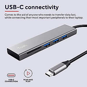 Trust 24191 Halyx Fast USB-C Hub and Card Reader, 3 Extra Ports, 5Gbps with USB 3.2 Gen 1, SD and Micro-SD Card Reader 104 MB/s, (Micro) SD, SDHC and SDXC up to 2 TB