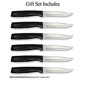 Rada Cutlery Anthem Series Serrated Knife Set Stainless Steel Dining Steak Knives with Ergonomic Black Resin Handles, Set of 6