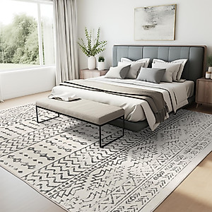 Art&Tuft 9x12 Area Rug, Super Soft Ultra-Thin Moroccan Washable Rug, Anti-Slip Backing Area Rugs 9x12 Living Room, Foldable Geometric Machine Washable Area Rug(9'x12', Ivory)