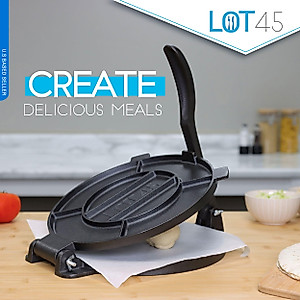 Lot45 Tortilla Press 12 inch - Cast Iron Manual Roti Maker Dough Press for Corn Tortillas, Tamales, Chapati, Naan Bread, Pizza Dough with 50 Parchment Paper Sheets