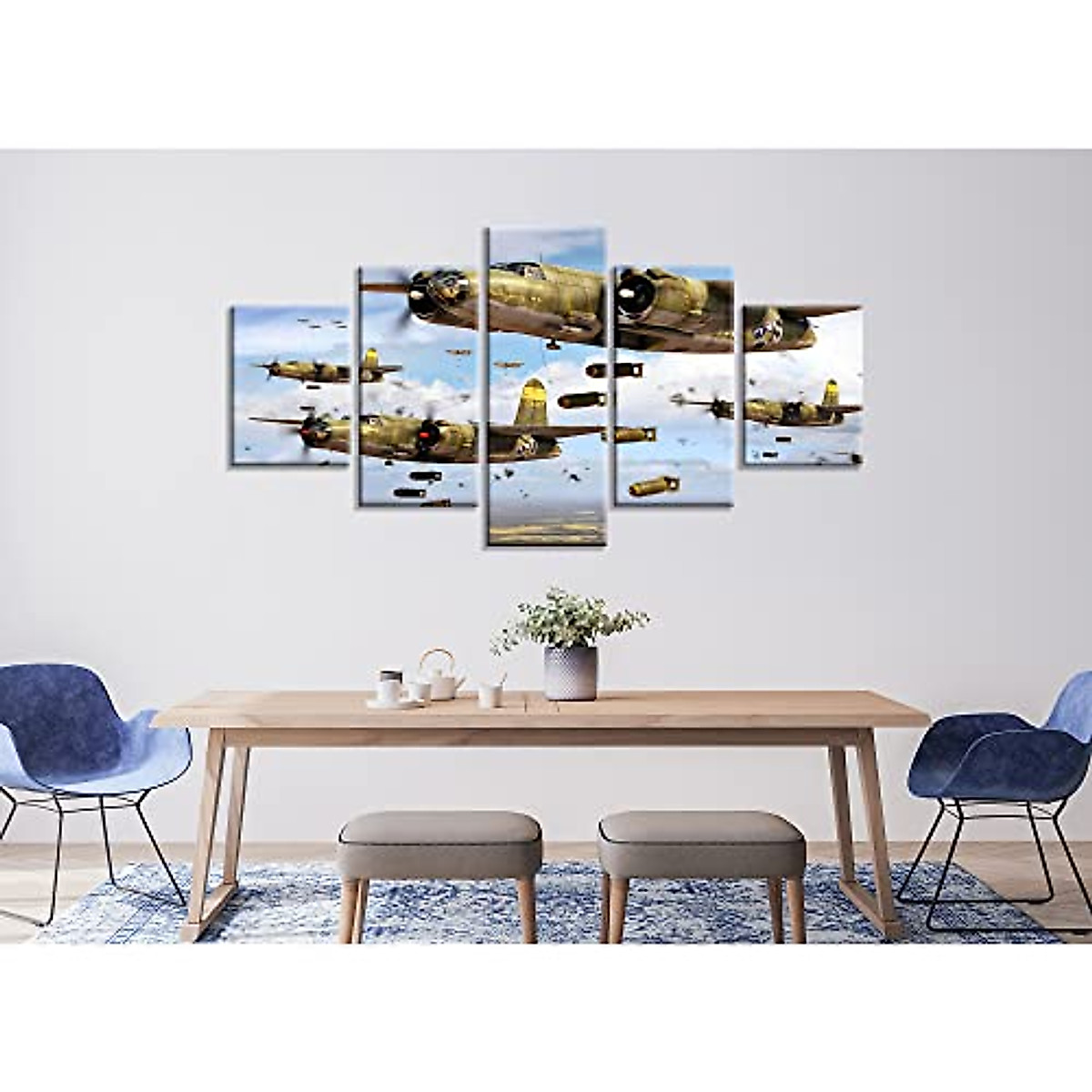 Martin B-26 Marauder Bomber Wall Decor WWII Military Aircraft Wall Art Picture Canvas Print Poster Painting Framed Home Living Room Bedroom Decoration 5 Pieces Ready to Hang(60''Wx32''H)
