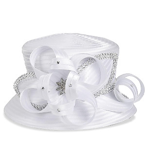 PGTEN Women's Satin Dress Church Hats with Rhinestones White