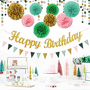 Sage-Green Pink Mint Gold Birthday Decorations - 31pcs Party Kits Happy Birthday Banner Flags,Tissue Paper Pom Poms,Circle Dots Garland,Tassel Streamers,40th 50th Women Men Birthday Decor Panduola
