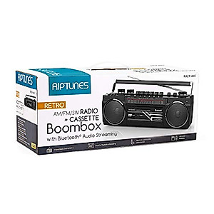 Riptunes Cassette Boombox, Retro Blueooth Boombox, Cassette Player and Recorder, AM/FM/SW-1-SW2 Radio-4-Band Radio, USB, SD, and Aux in, Black