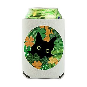 St. Patrick's Day Black Cat Shamrock Can Cooler - Drink Sleeve Hugger Collapsible Insulator - Beverage Insulated Holder