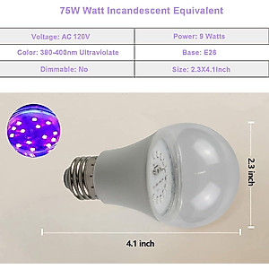 LED Black Lights Bulb, 9W A19 Led Bulb (75Watt Equivalent), UVA Level 380-400nm, E26 Medium Base 120V, Glow in The Dark for Blacklights Party, Body Paint, Fluorescent Poster- 4 Pack