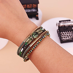 FANCY SHINY Leather Wrap Bracelets Crystal Beads Bracelet Boho Cuff Stone Charm Bracelets with Clasp Costume Jewelry for Women(Dark Green)