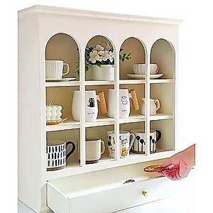 Wooden Coffee Mug Cabinet Organizer Water Cup Storage Cabinet, 3 Tier Kitchen Cabinets with Storage Drawer for Countertop Cupboard, Holds 12 Mugs (Color : White, Size : 58x18x56cm)