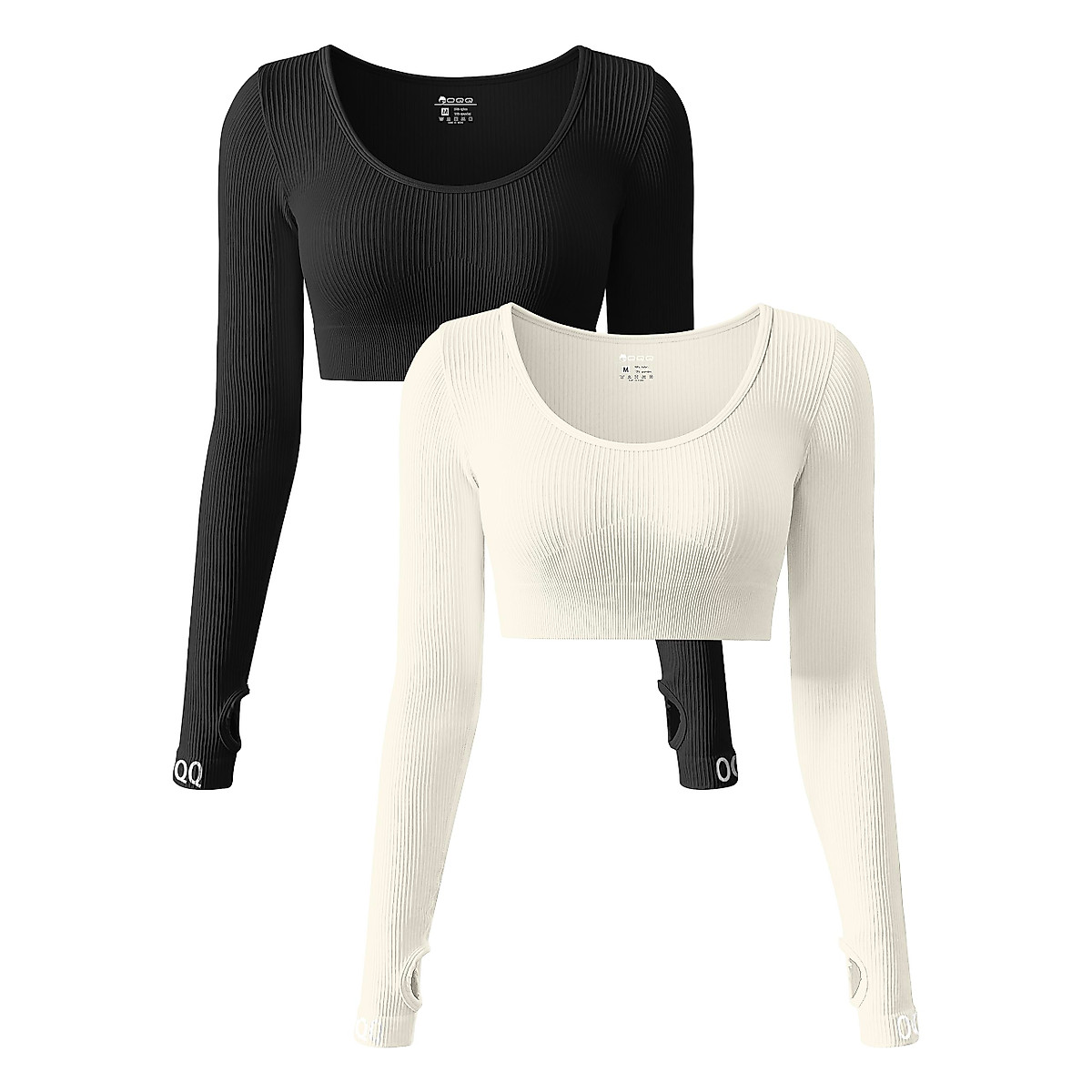 OQQ Women's 2 Piece Crop Top Workout Long Sleeve Yoga Exercise, Black,beige, Medium