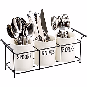 Bekith 3-Piece White Ceramic Silverware Caddy with Black Metal Rack, Utensil Holder Flatware Caddy Cutlery Storage Organizer for Kitchen Table, Cabinet or Pantry