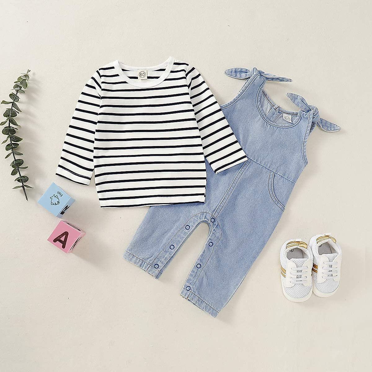 Newborn Baby Girl Clothes Infant Baby Fall Outfits Long Sleeve Stripe Shirt Denim Jumpsuit Romper Jean Overalls Baby Clothes 0-3 Months Unisex
