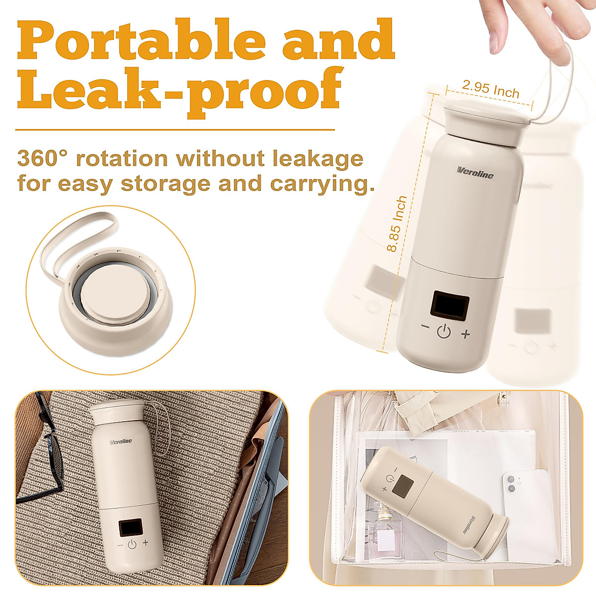 Veroline Portable Bottle Warmer for Travel, 10 Oz Baby Botle Warmer with Adjustable Temp & Keep Warm for Formula, Breastmilk, Super Fast Charging & Cordless Water Warmer, Rechargeable Milk Warmer