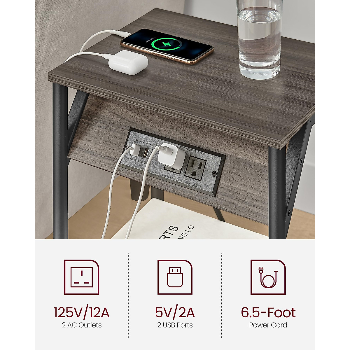 VASAGLE End Table with Charging Station, Set of 2, Small Side Tables for Living Room, Bedroom, Nightstand with Outlets and USB Ports, Bedside Table with Storage Shelf, Chestnut Brown and Black