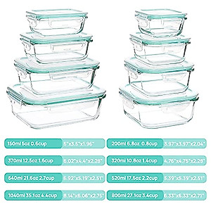 Vtopmart 8 Pack Glass Food Storage Containers with Lids, Glass Meal Prep Containers, Airtight Glass Bento Boxes with Leak Proof Locking Lids, for Microwave, Oven, Freezer and Dishwasher, BPA Free