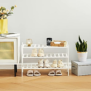 Quiqear Bamboo Shoe Rack, 3 Tier Shoe Rack Organizer, Stackable & Durable Shoe Shelf Holder, Free Standing Shoe Racks, Shoe Storage Organizer for Entryway, Closet, Hallway, 27.2*11*18.3inch (White)